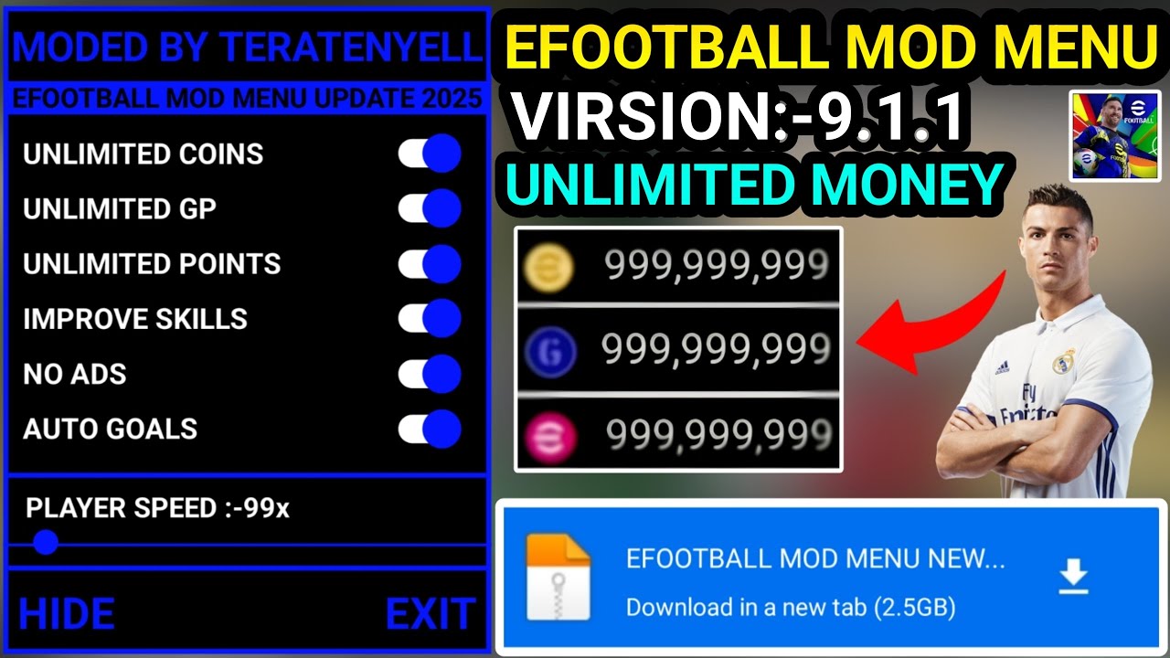 EFootball PES Mod Menu V9.1.1 New Update Unlimited Coins & Gp Unlocked ...