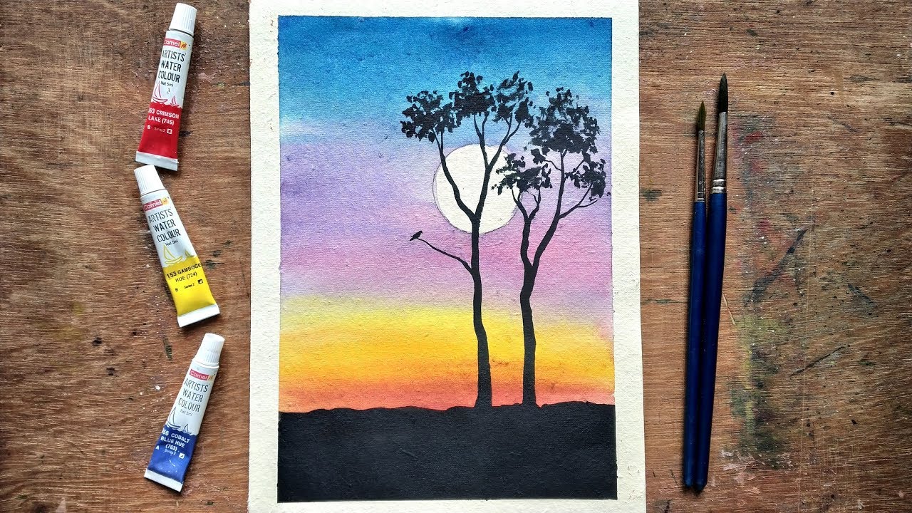 Beautiful Watercolor Sunset Tree Painting : Paint with David - YouTube