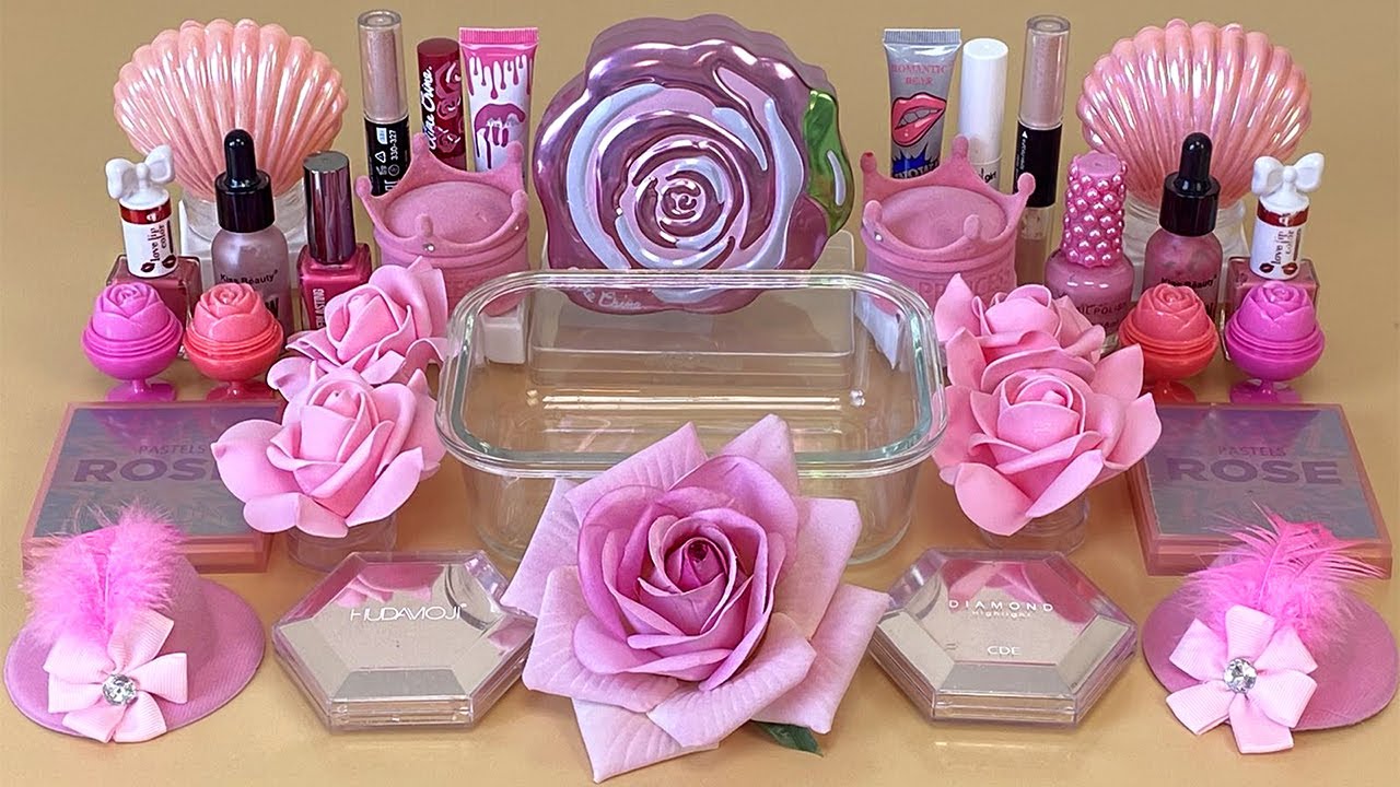 ROSE SLIME 🌹 Mixing makeup and glitter into Clear Slime 💯% ASMR ...