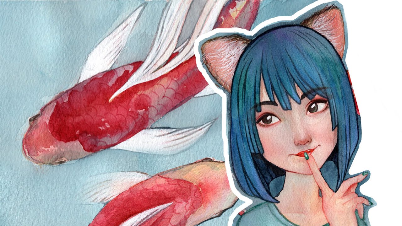 watercolor illustration - koi fish and cat girl - YouTube