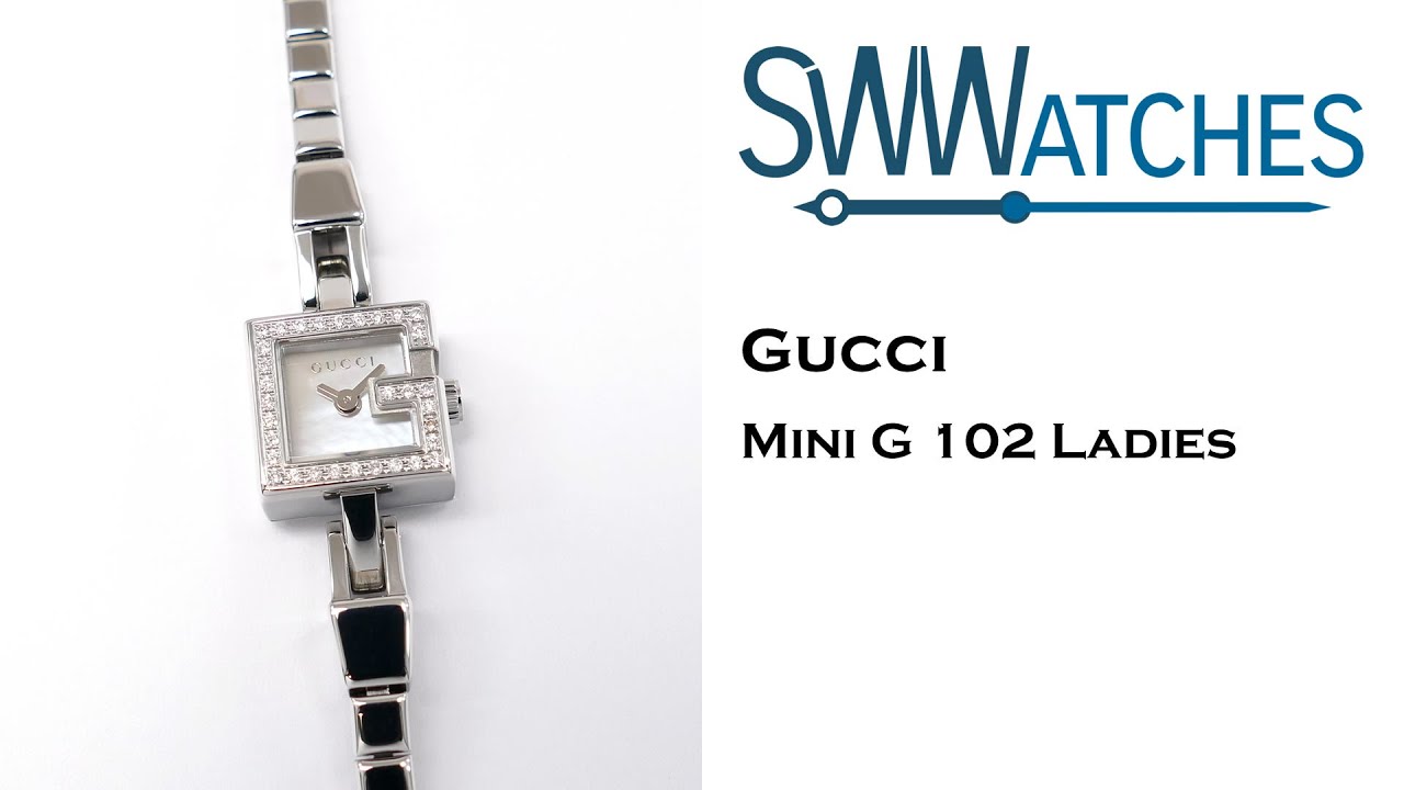 Gucci Mini G 102 White 32 Diamonds Mother of Pearl Ladies 14mm Square ...