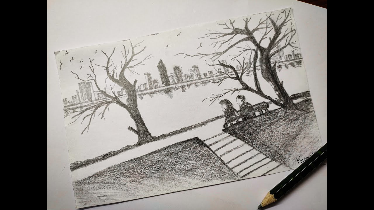 The view of a lake side/Pencil sketch/Step by Step/How to draw/For ...