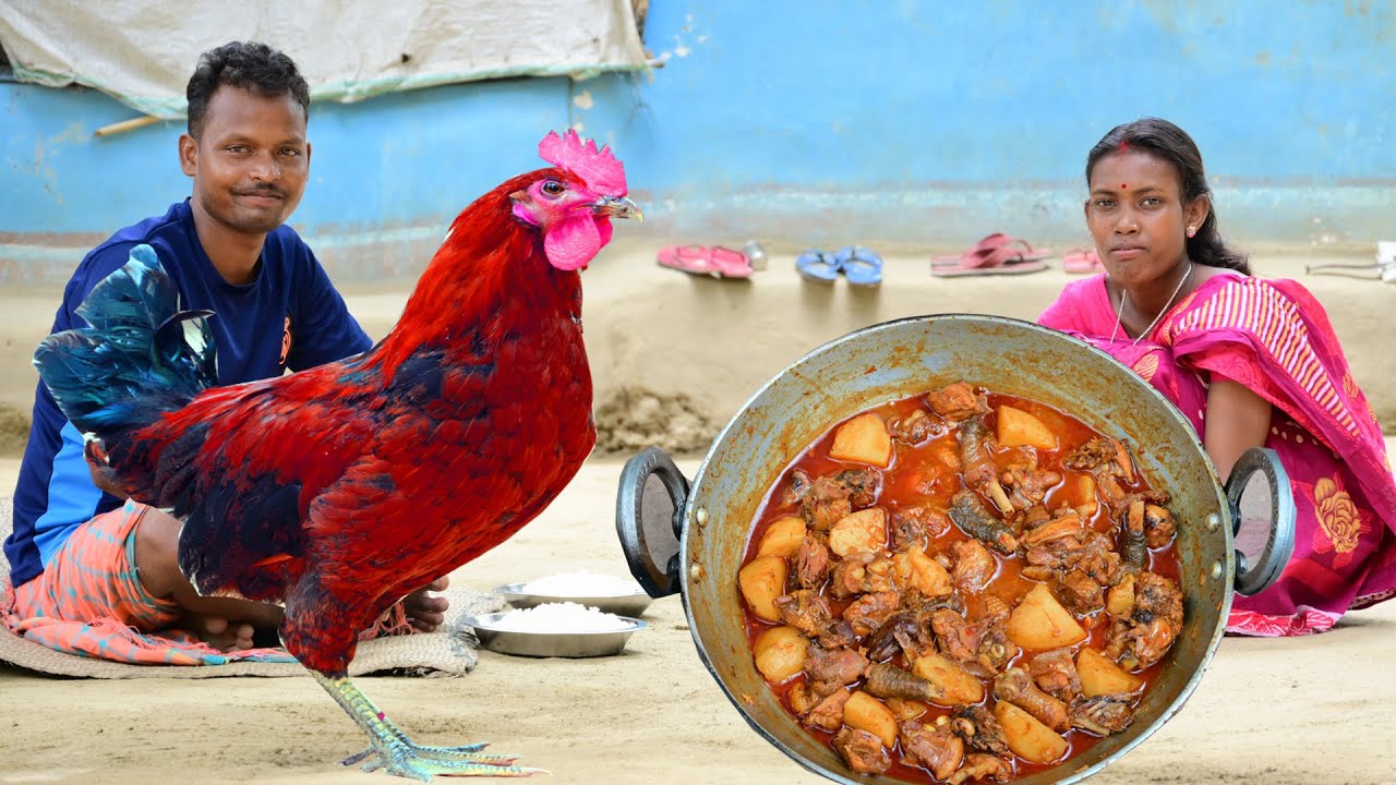 How tribe couple cooking RED COUNTRY CHICKEN in santali village style ...