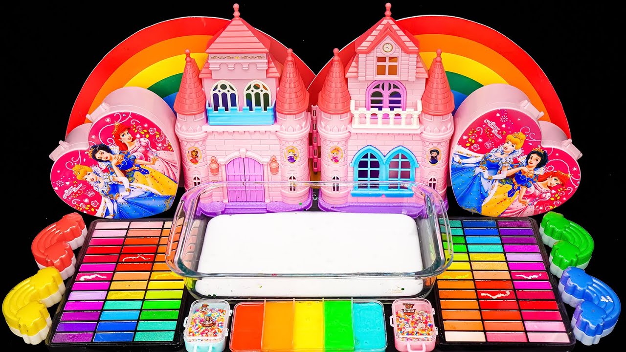 Slime Mixing Random ASMR🌈Mixing PINK DISNEY Castle & Glitter into Slime ...