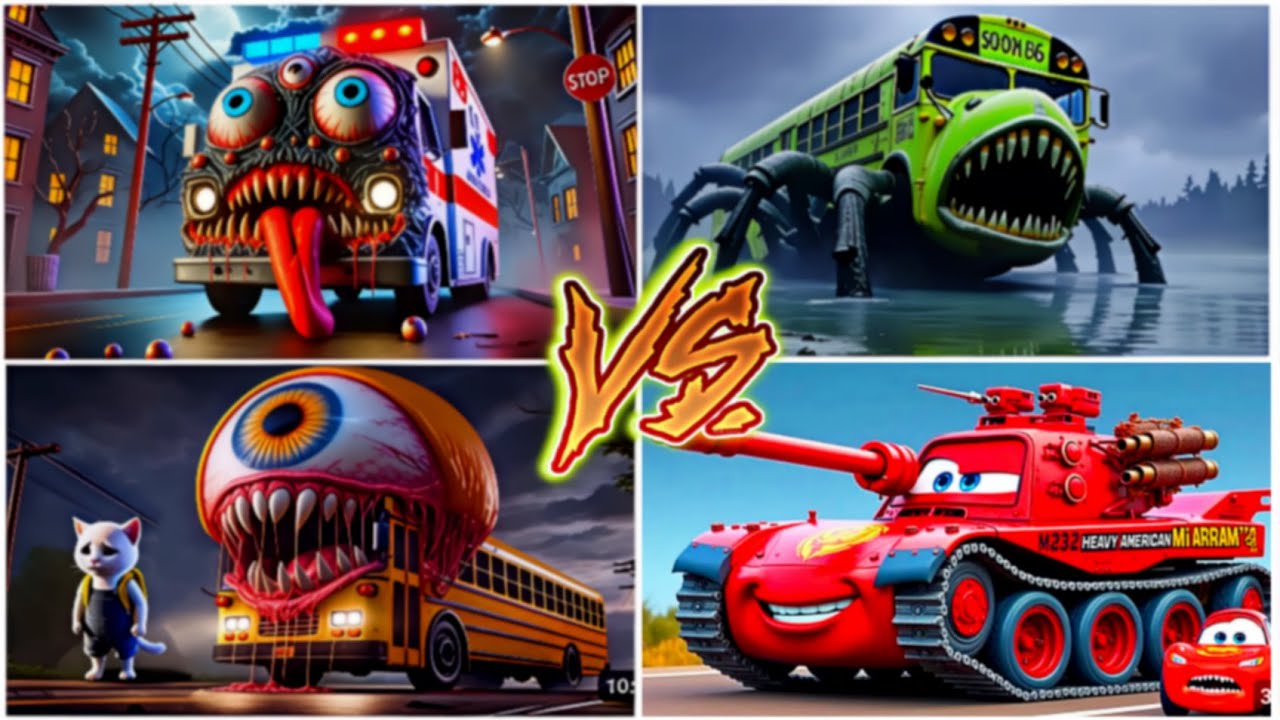 The Infected car🆚SchoolBus Spider🆚SchoolBus Monster🆚MCqueen Tank 🎶Tiles ...