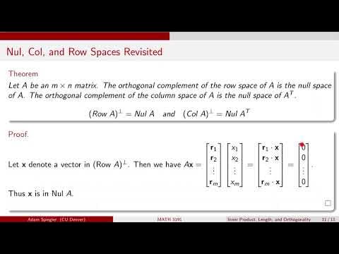 MATH 3191: Proof that Nul A is the Orthogonal Complement of Row A - YouTube