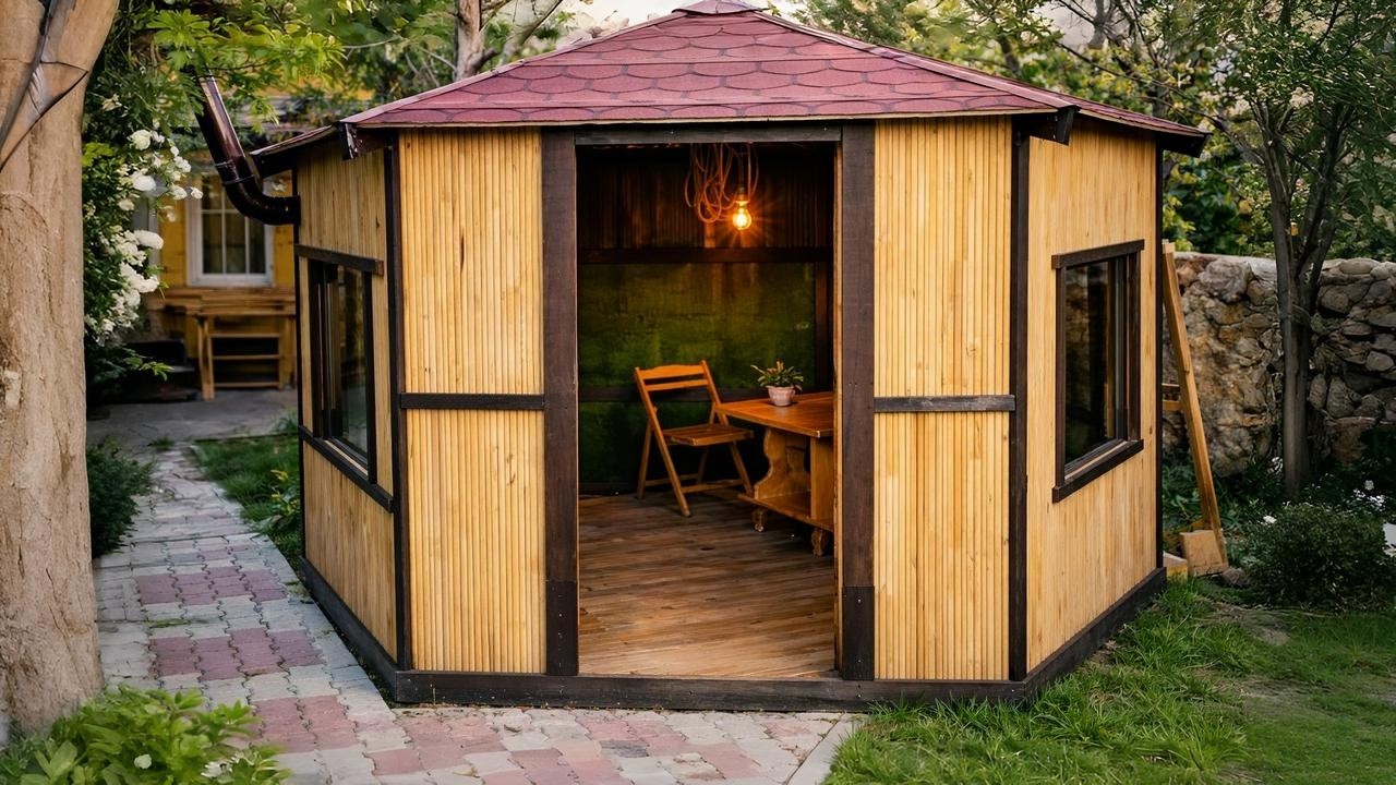 DIY Hexagon Wooden Cabin From Scratch | Recycled Foundation & Pyramid ...