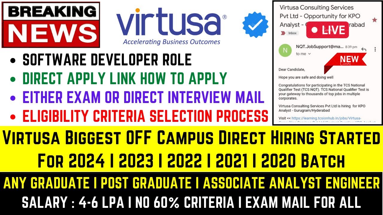 Virtusa OFF Campus Drive 2024 | 2023-2020 Batch | Multiple Role | Exam Interview Mail Salary 4-6 ...