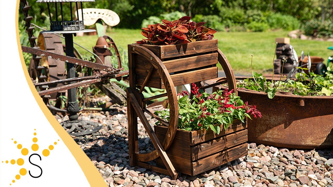 Sunnydaze Wagon Wheel 2-Tier Rustic Wood Plant Stand - IEO-802 - YouTube