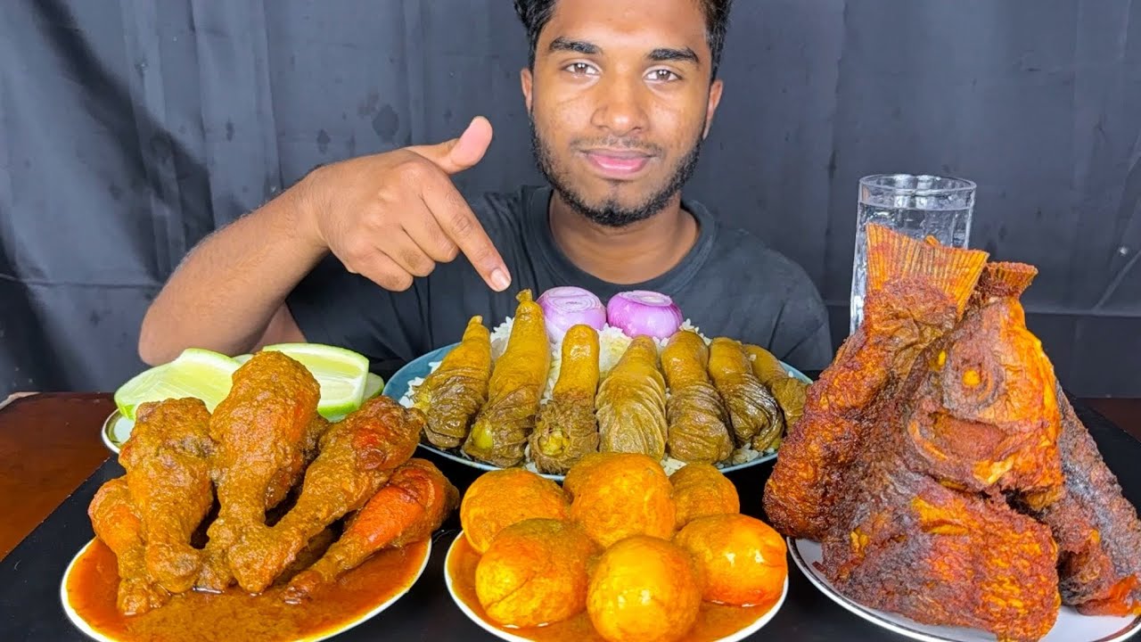 Indian Mutton Chusta, chicken leg piece curry, egg curry and fish fry ...