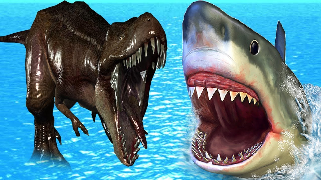 tiburón vs dinosaurio luchando por los niños | pelea de tiburones para ...