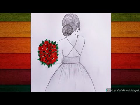 Elinde Gül Buketi tutan Kız Çizimi 🌹 İlk Video 🥰