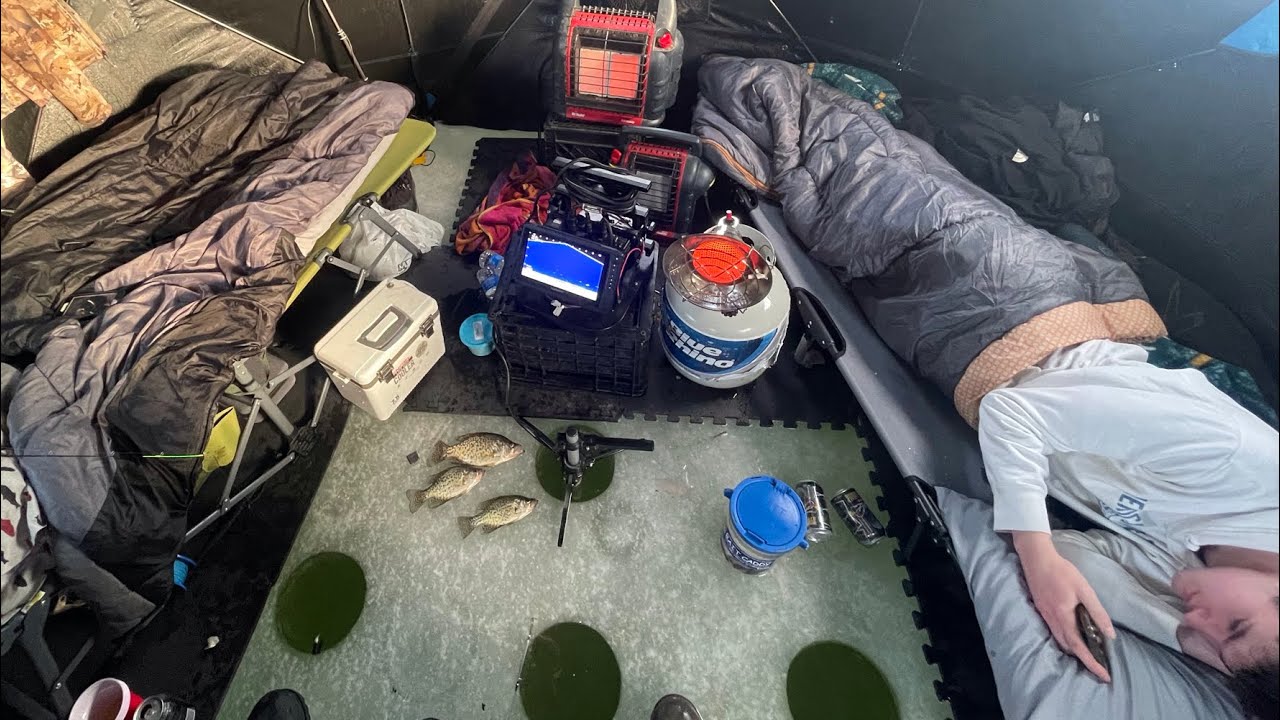 24 hour Ice camping on a small frozen lake for crappies. - YouTube