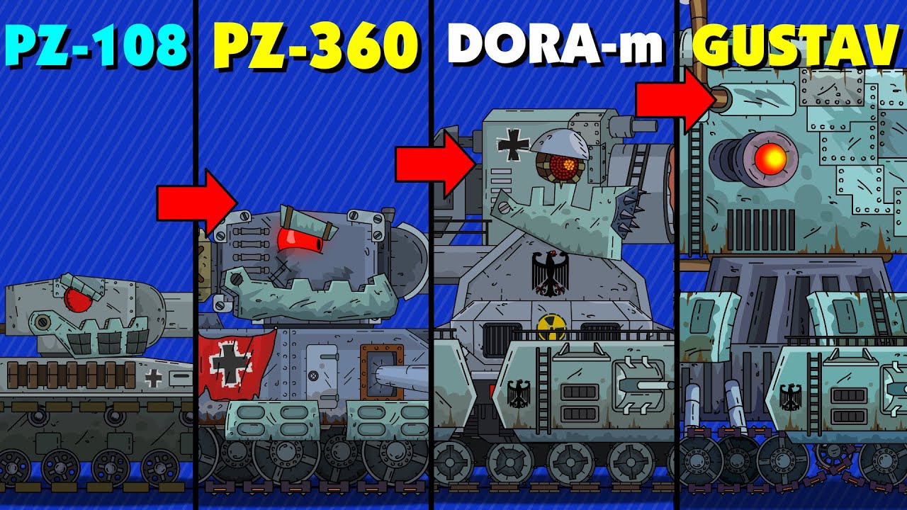 Эволюция Гибридов PZ-108 vs PZ-360 vs DORA-m vs GUSTAV - Мультики про танки - YouTube