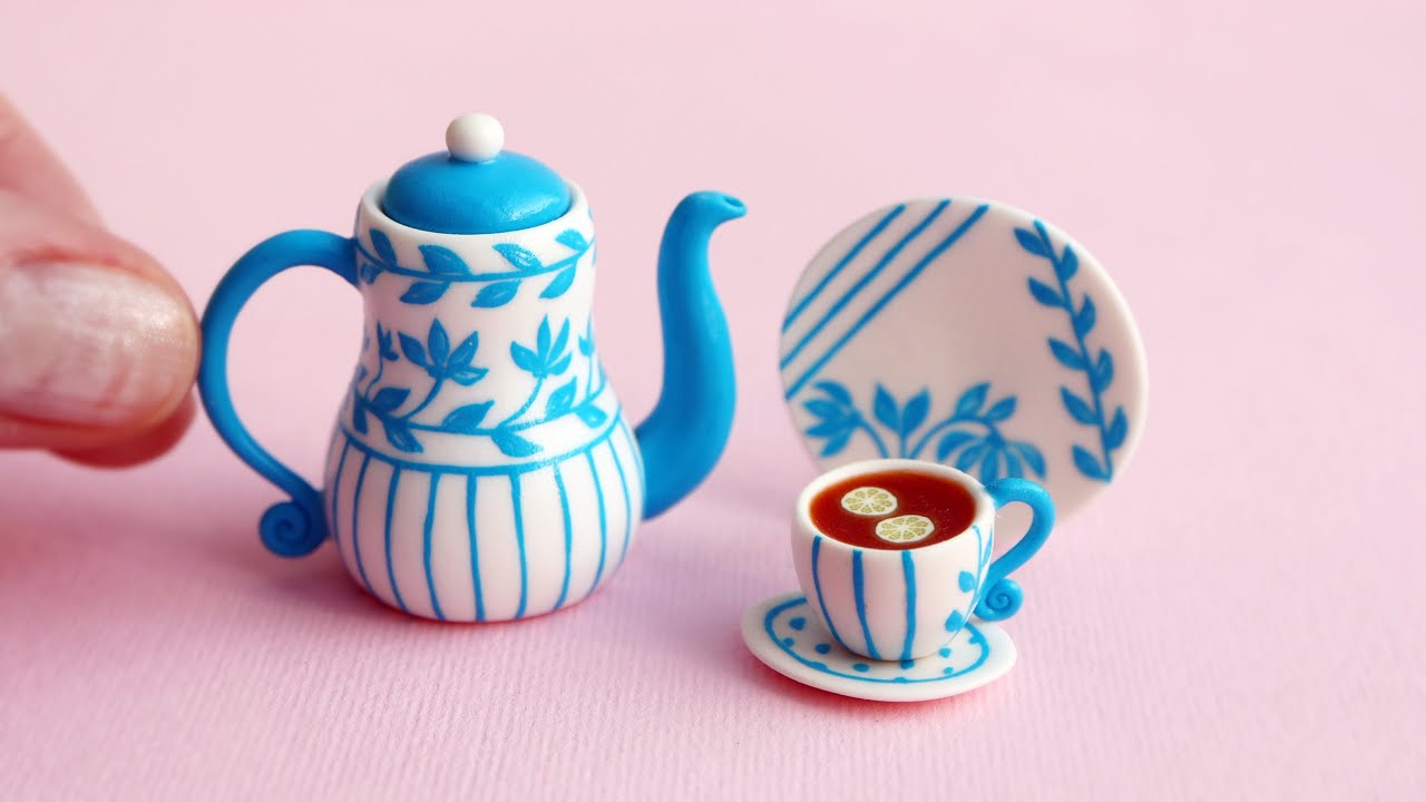 Miniature polymer clay tea set for doll houses🩵 - YouTube
