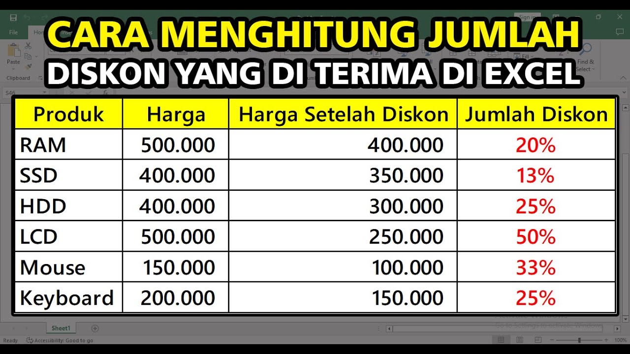Cara Menghitung Jumlah Diskon yang Diterima di Excel | Tutorial Rumus ...