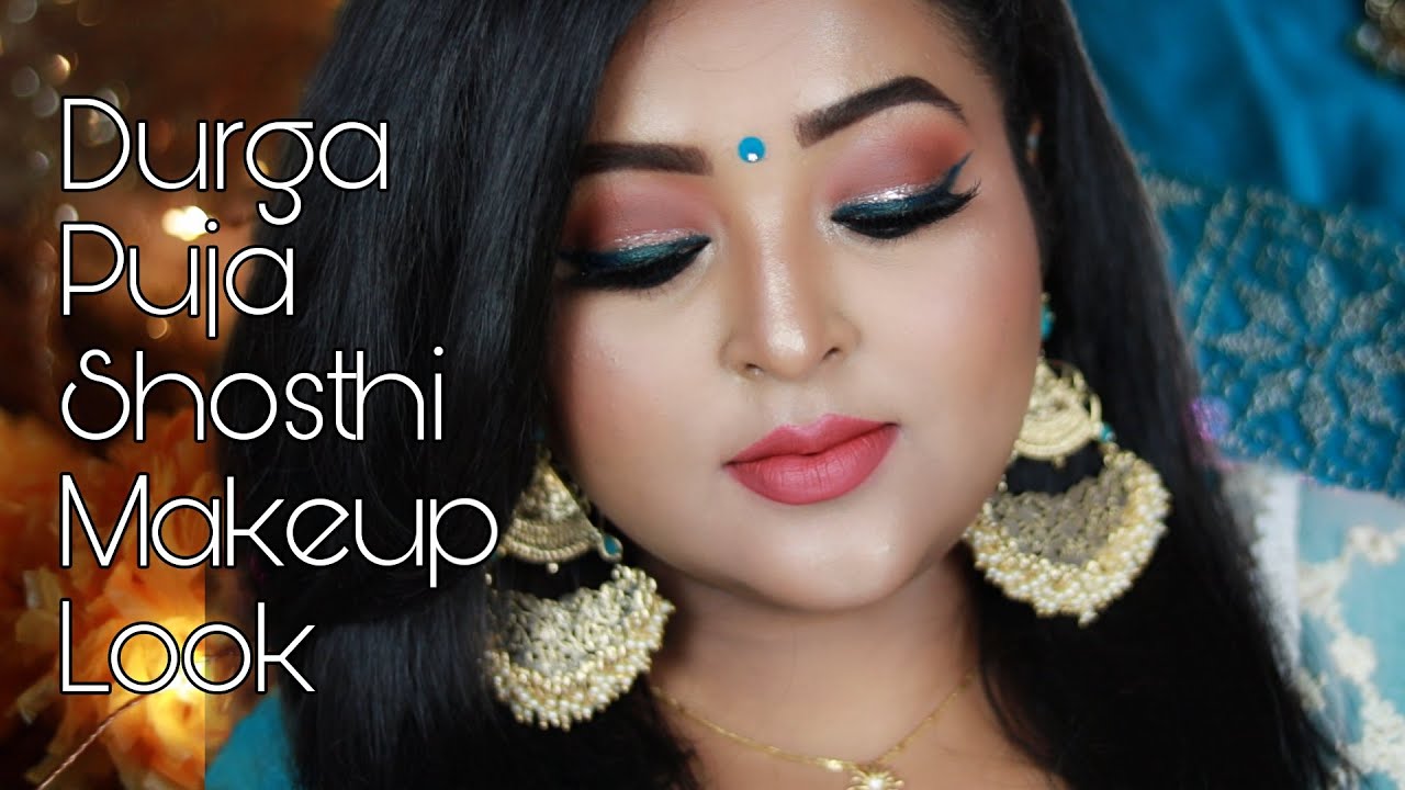 Durga Puja 2021 SHOSTHI MAKEUP LOOK||Teal-Glitter Dual winged liner ...
