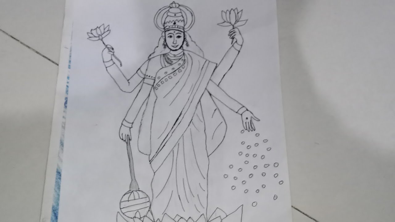 Drawing Goddess Lakshmi Step By Step I Mahalakshmi Famous Painting I ...