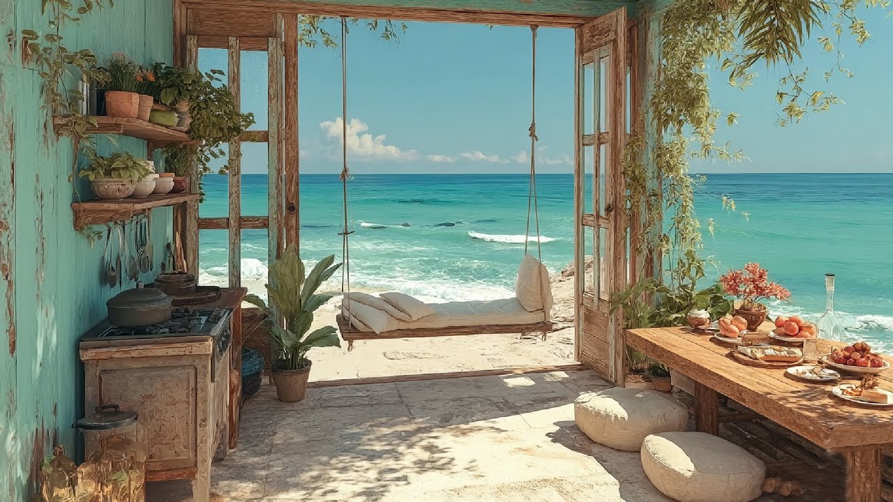 Beach House Kitchen Ambience | Coastal Cooking Sounds & Gentle Waves 🏝️ ...