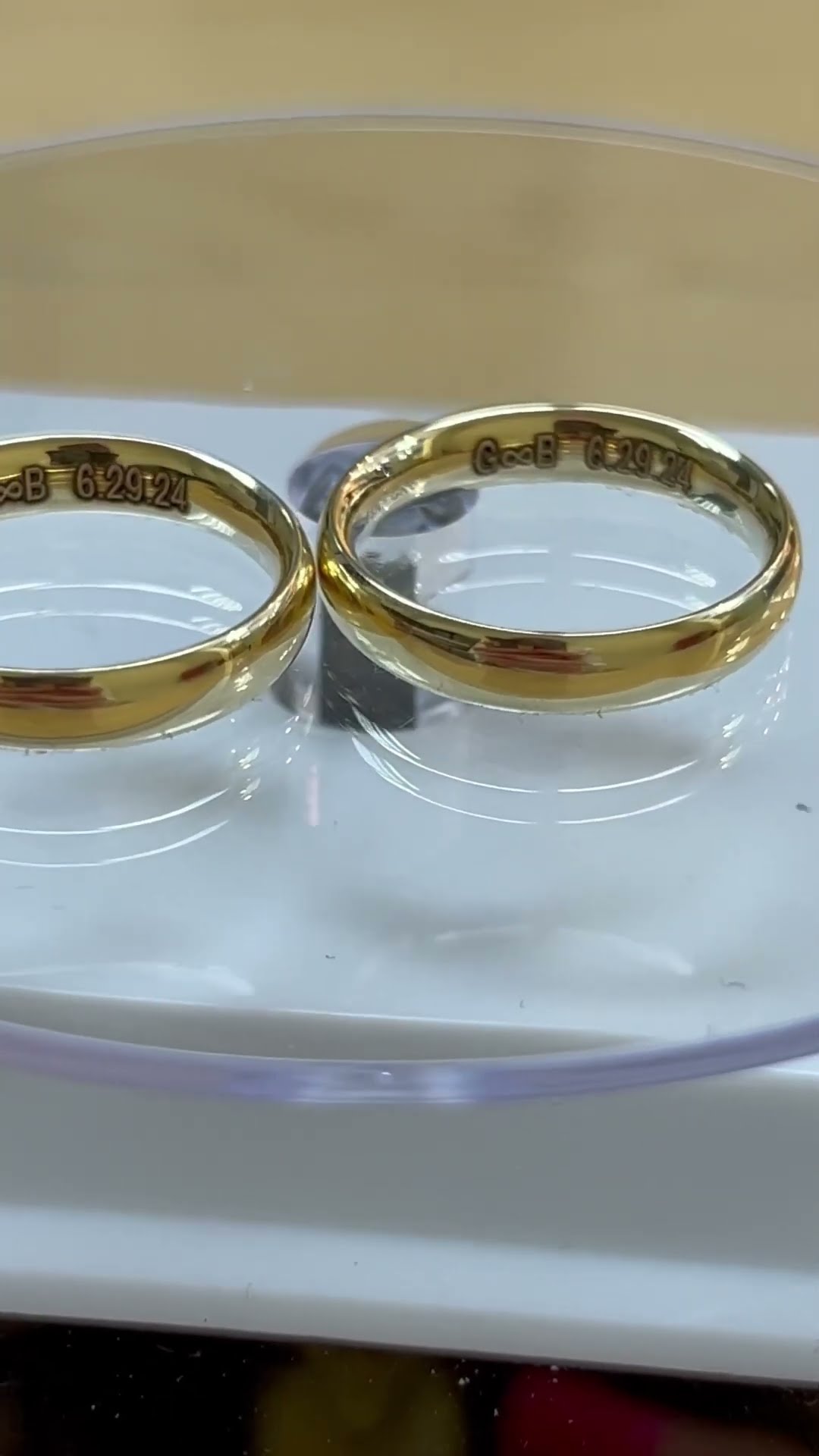 Laser engraved initials date wedding ring set for couple 14K yellow ...