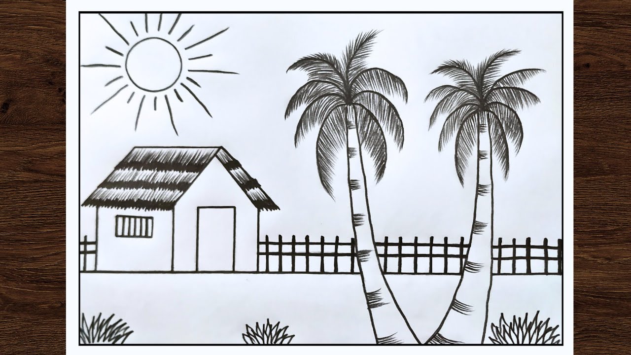 প্রাকৃতিক ছবি আঁকা | Nisarg Chitra Drawing Simple | Very Easy Village ...