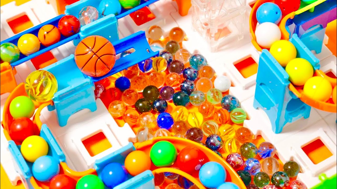 Marble Run Basketballs and soccer balls blown out of pipes Race ASMR ...