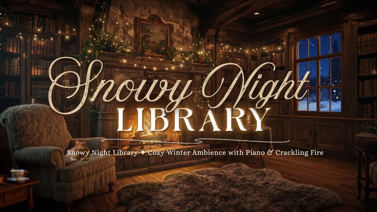 Snowy Night Library Cozy Winter Ambience with Piano & Guitar by the Fire