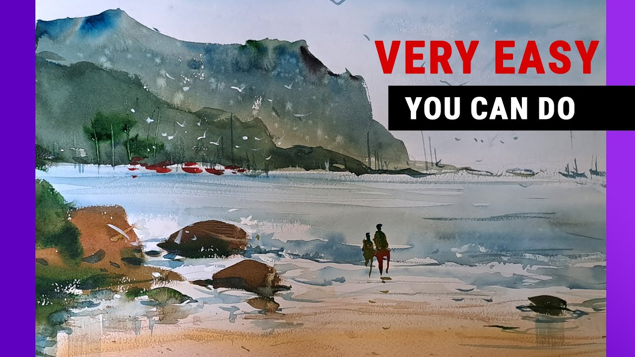 How paint ocean, island landscape basic watercolor process for beginner ...
