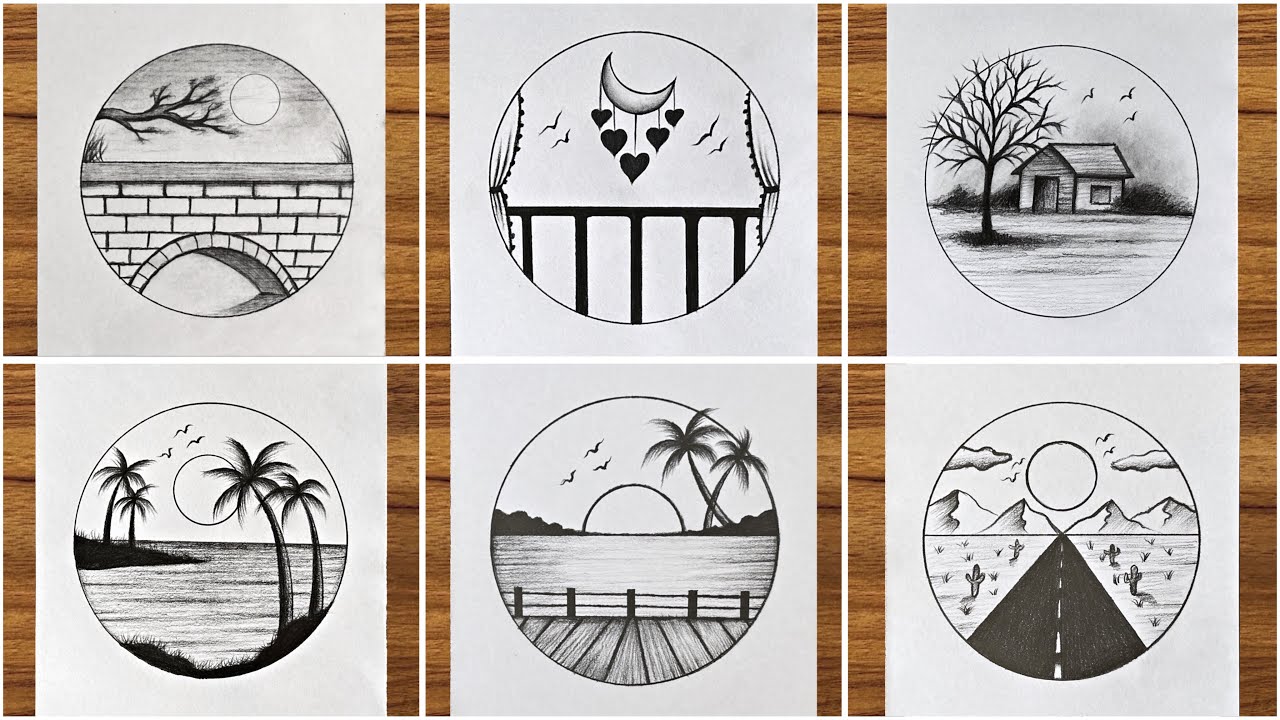 6 easy circle scenery drawing | Circle drawing for beginners | Pencil ...