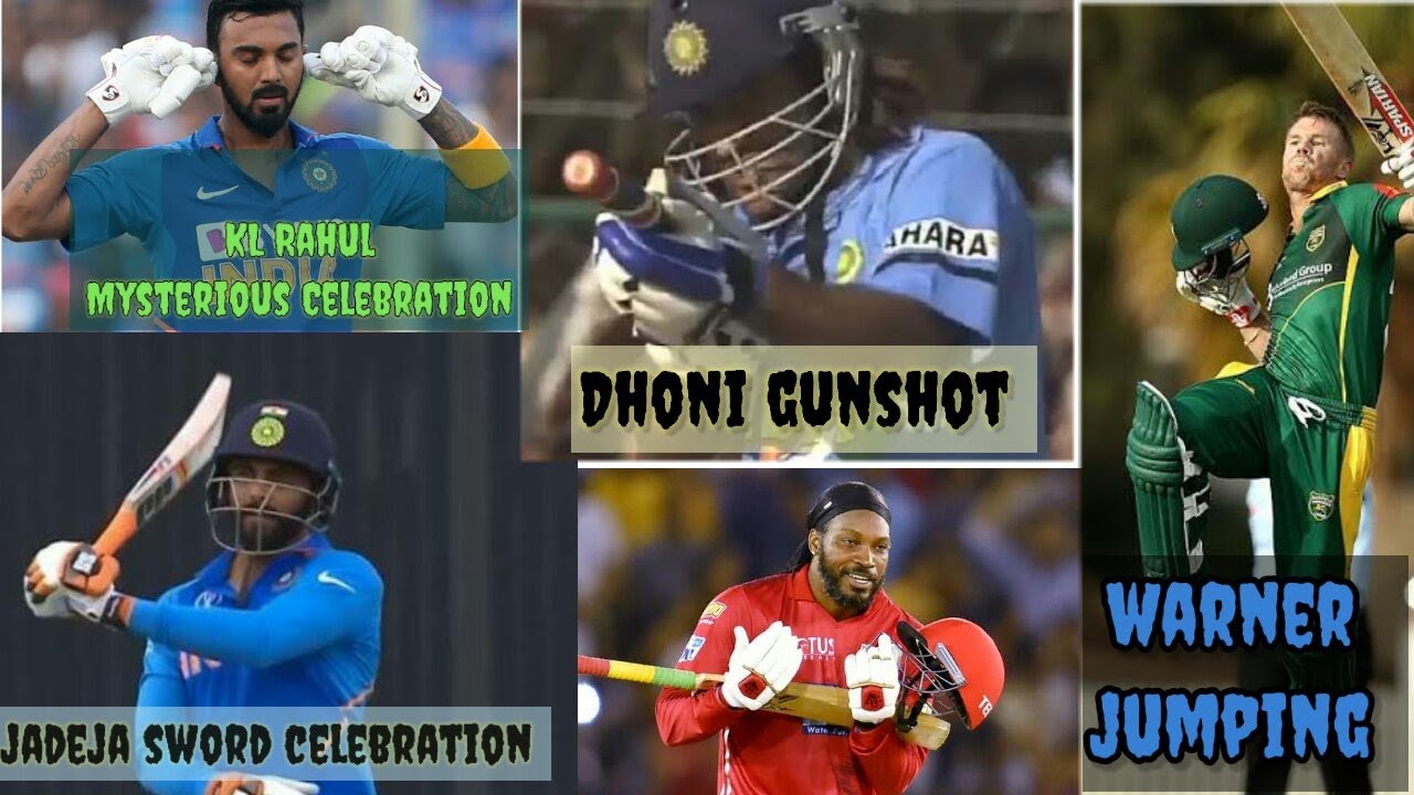 Dhoni gunshot celebration. Jadeja sword celebration. K L Rahul. Warner ...