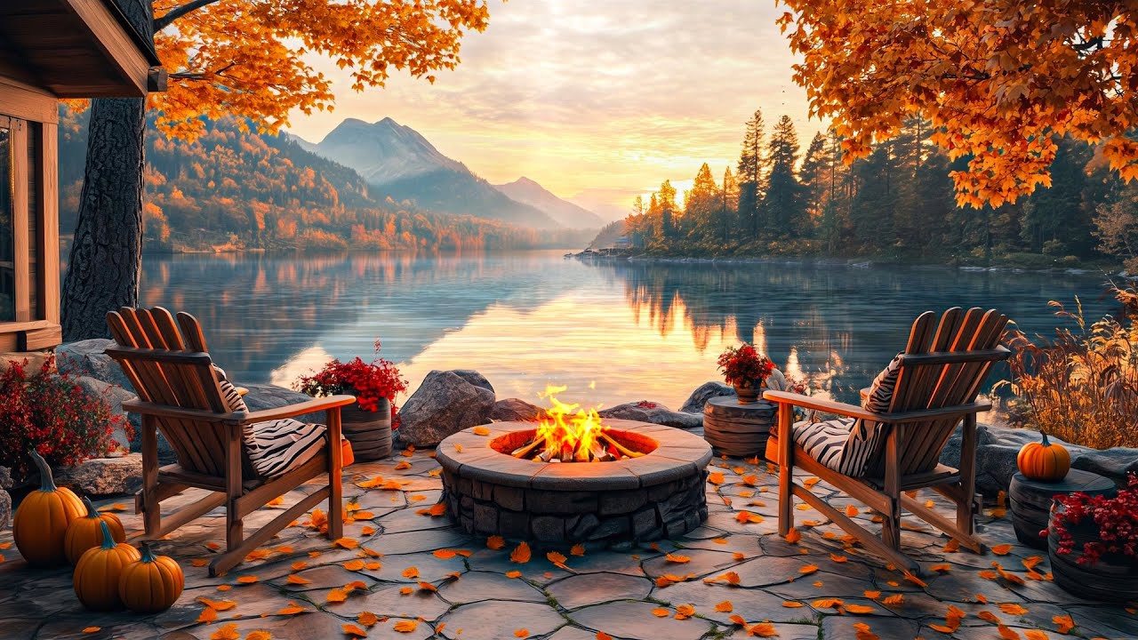 Calm Autumn Evening Lakeside Porch: Fire Pit. Gentle Water Sounds and ...