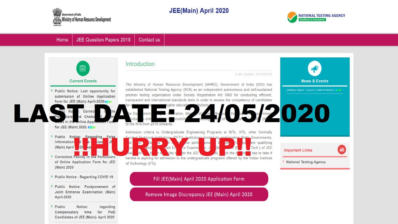 Jee Mains 2020 Online Application Form Last Date Extended Up to 24/05 ...