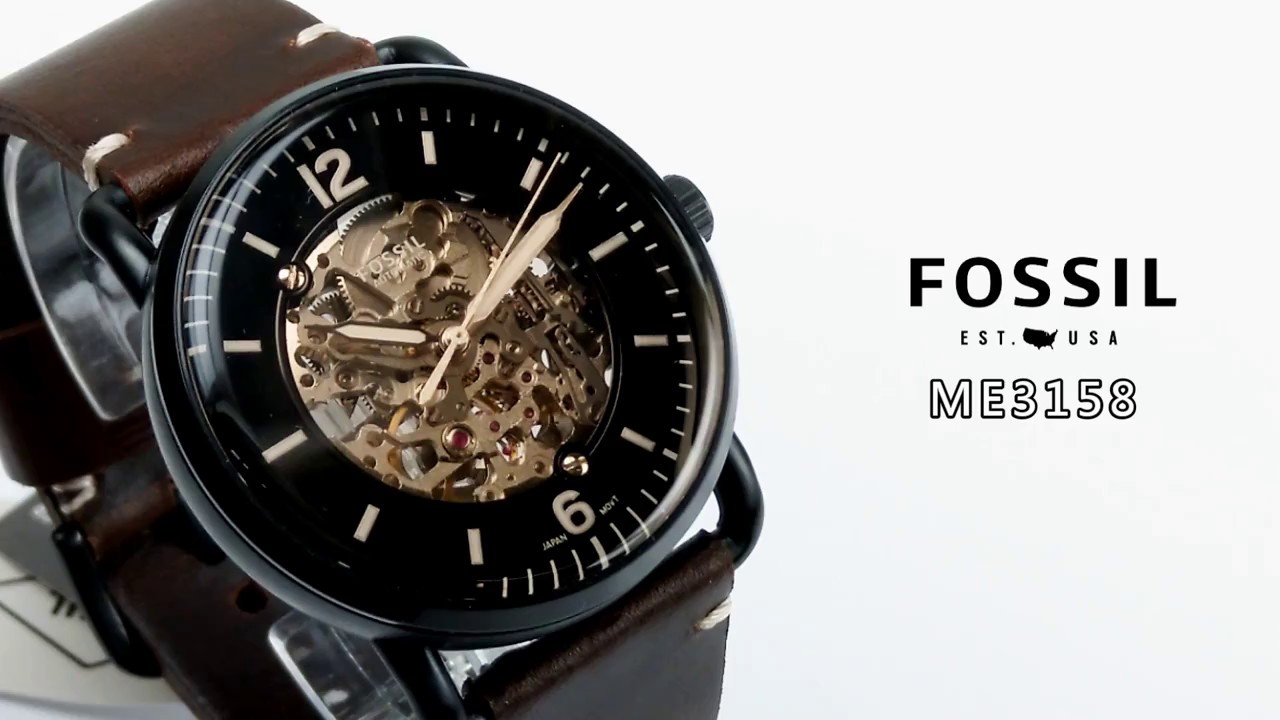 FOSSIL 歐美經典鏤空機械真皮腕錶 男錶 防水手錶 IP黑電鍍x銅金 ME3158【時間玩家】 - YouTube