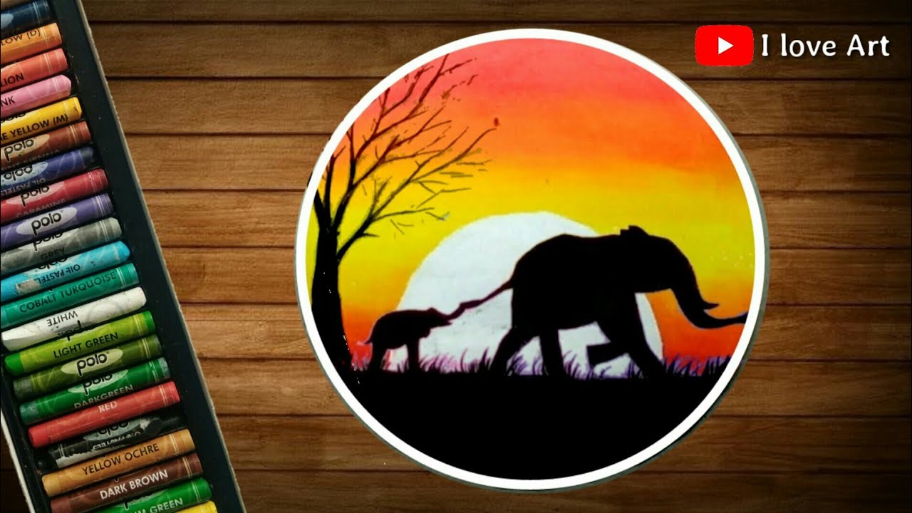 Elephant Sunset drawing with oil pastels - step by step || Elephant ...