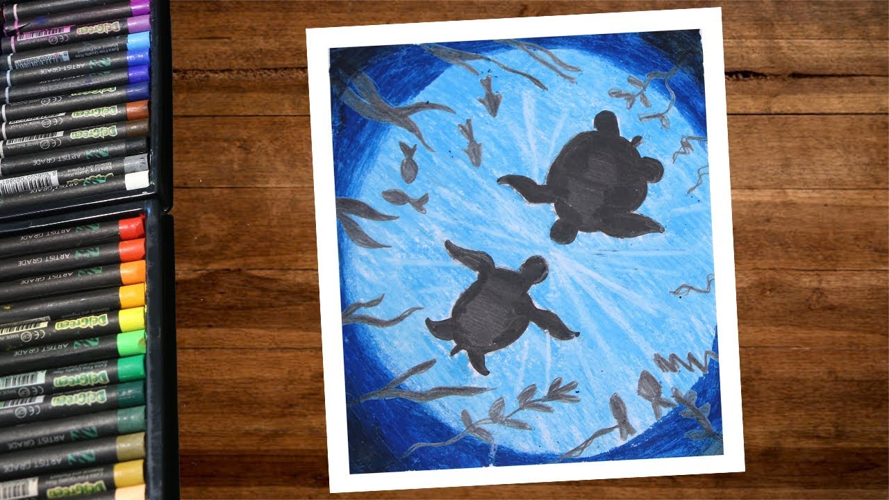 How to draw Turtle Under Water Scenery With Oil Pastels Step By Step ...