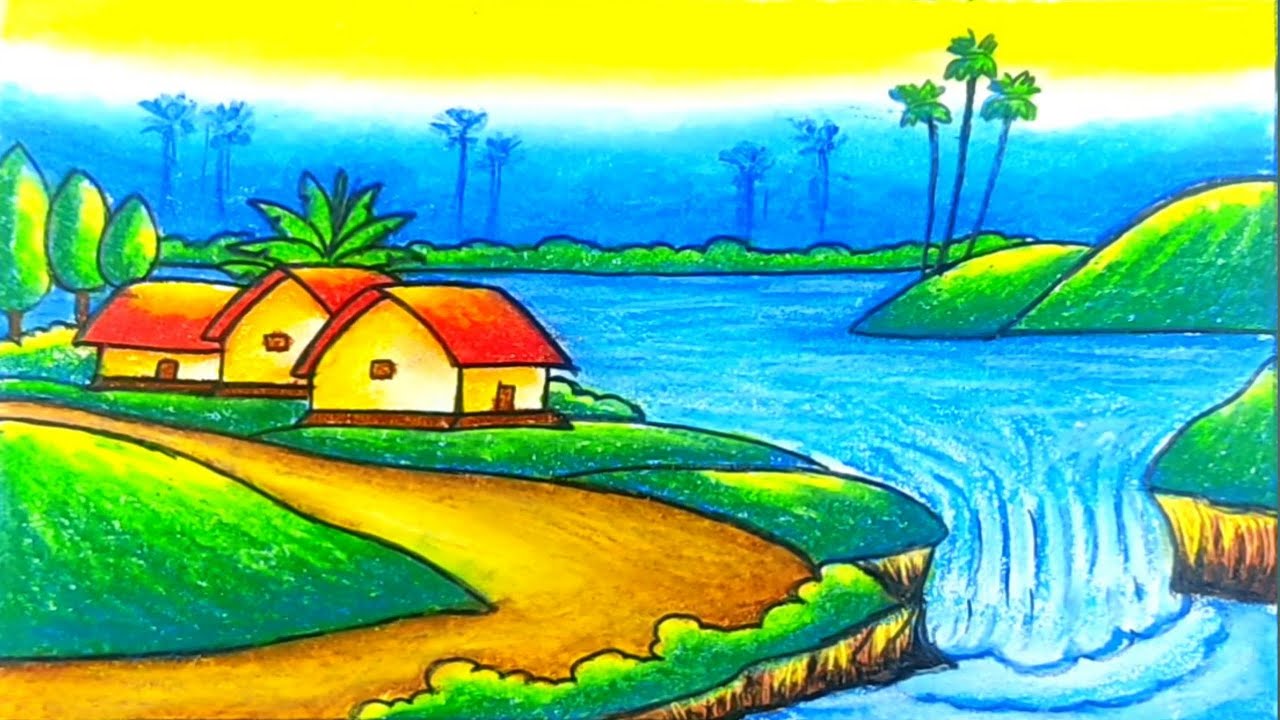 How To Draw Waterfall Scenery Drawing Subhankar Paul Drawing Youtube