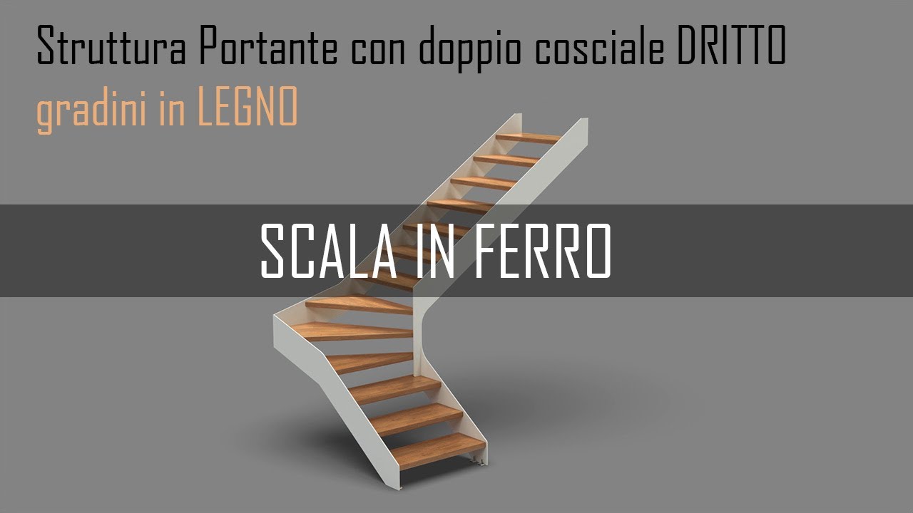scala in ferro rettilinea con doppio cosciale dritto e gradini in legno ...