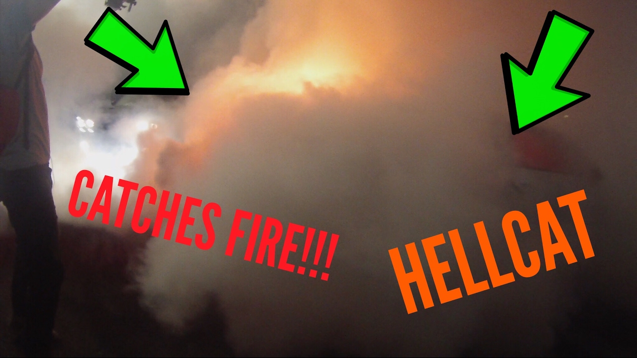 Hellcat catches fire during burnout - YouTube