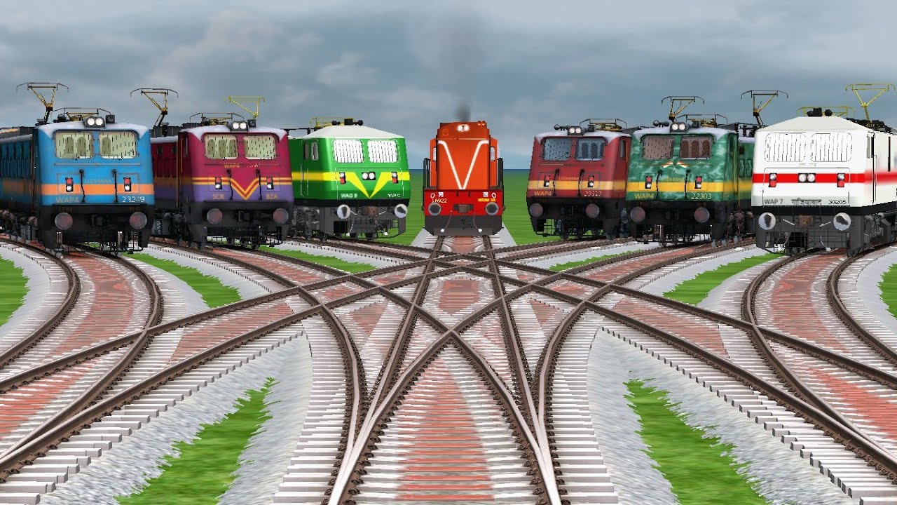 7 TRAINS CROSSING ON BUMPY BRANCHED RAILROAD TRACKS | indian railway ...