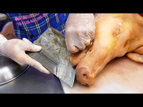 Thai Food - PIG HEAD KNIFE SKILLS Pork Stir Fry Aoywaan Bangkok Thailand