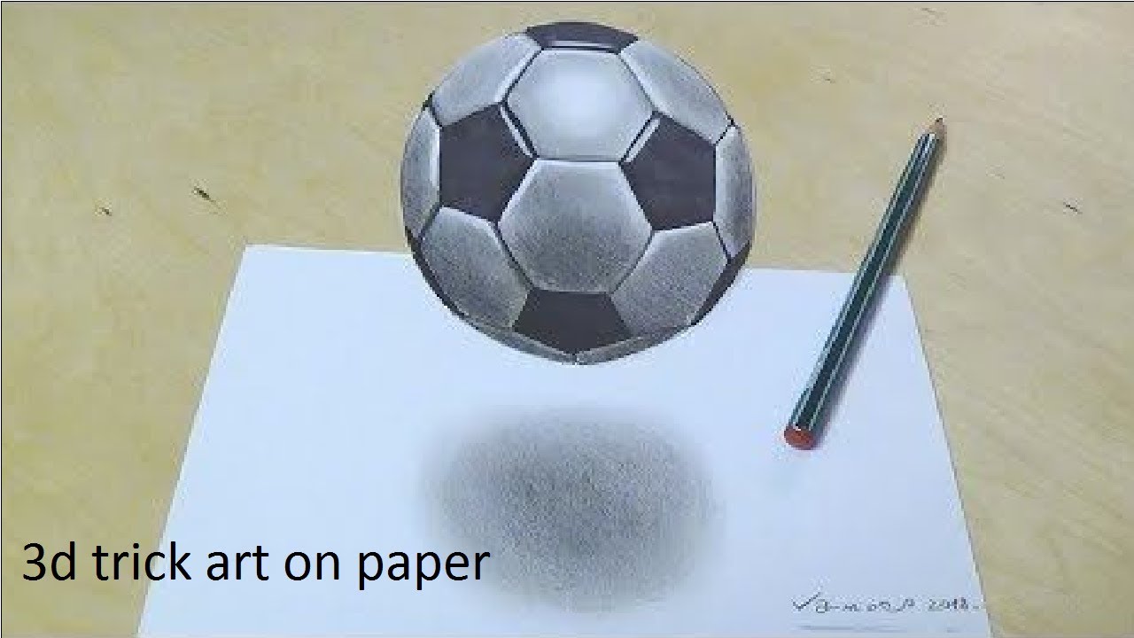 3D trick art on paper of football- Drawing 3D floating soccer ball ...