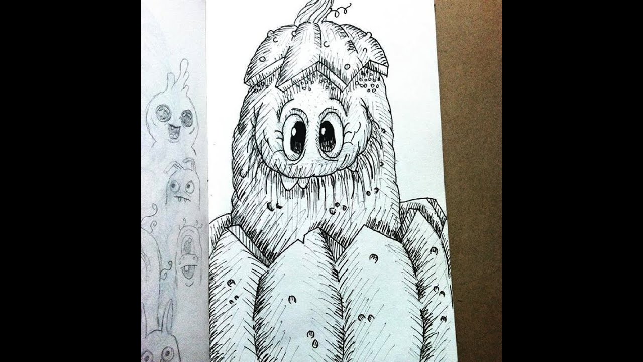 how to draw a cute monster in a pumpkin/halloween drawing - YouTube