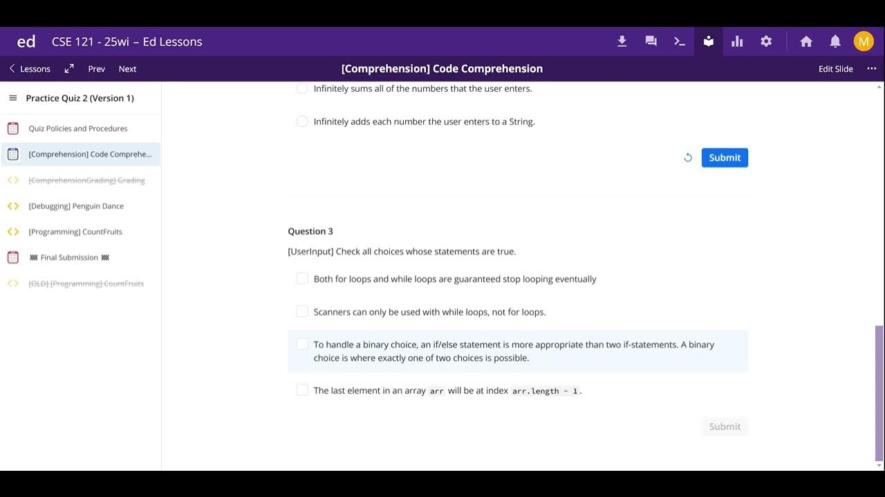 CSE 121 25Wi Practice Quiz 2 Version 1 Code Comprehension Question 3 ...
