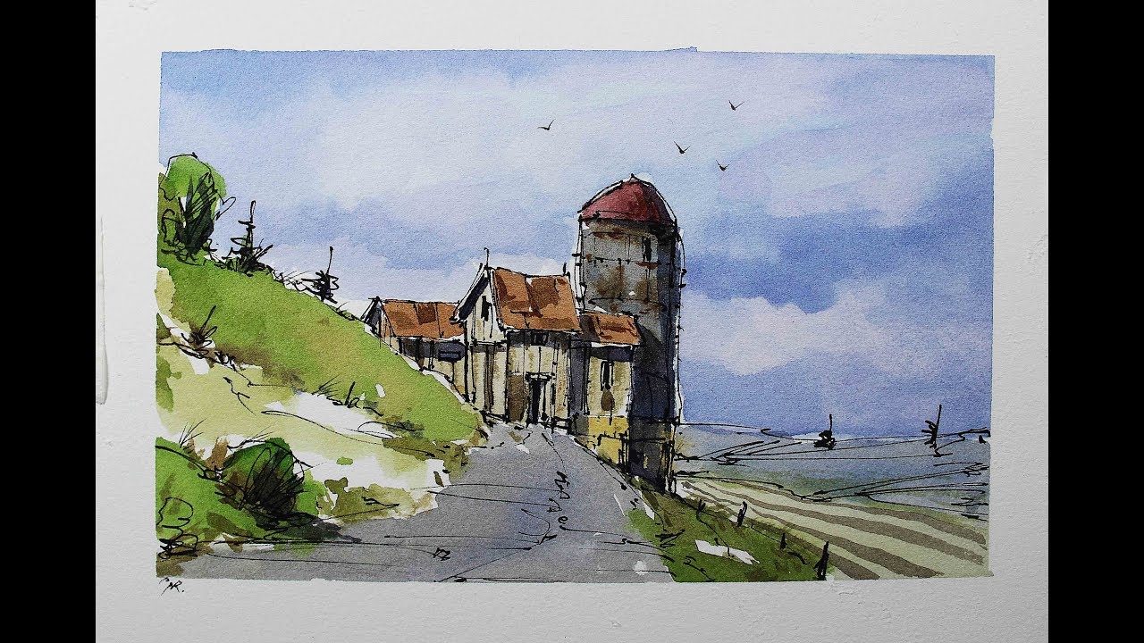 Line and wash Farm,Easy tutorial Watercolor for beginners in Real time ...