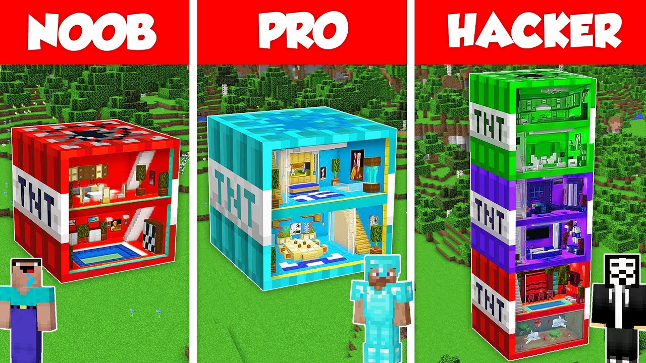 INSIDE TNT BLOCK BASE HOUSE BUILD CHALLENGE - NOOB vs PRO vs HACKER ...