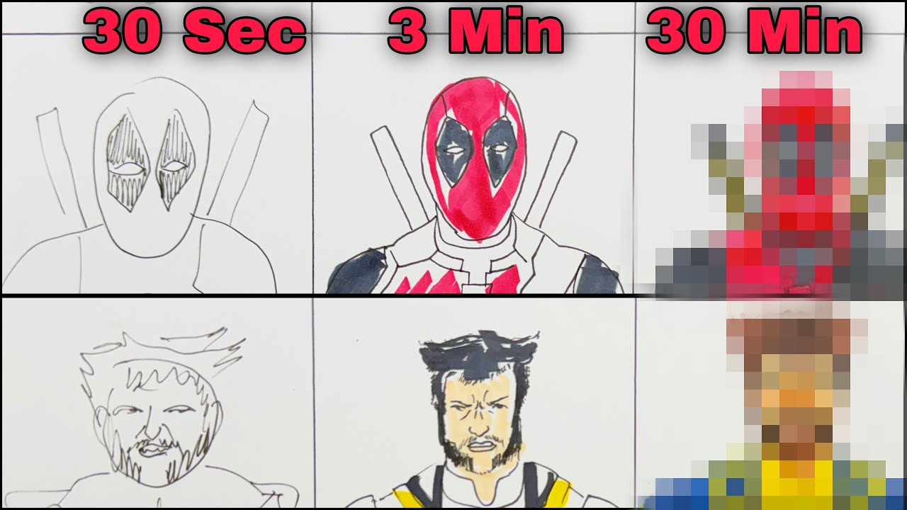 Drawing Deadpool and Wolverine in 30 Sec, 3 Min and 30 sec. Dibujo a ...