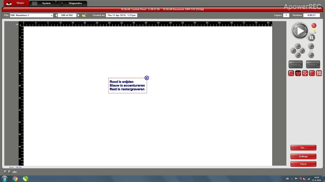 Starting standard printjob on ULS VLS 660 lasercutter - YouTube