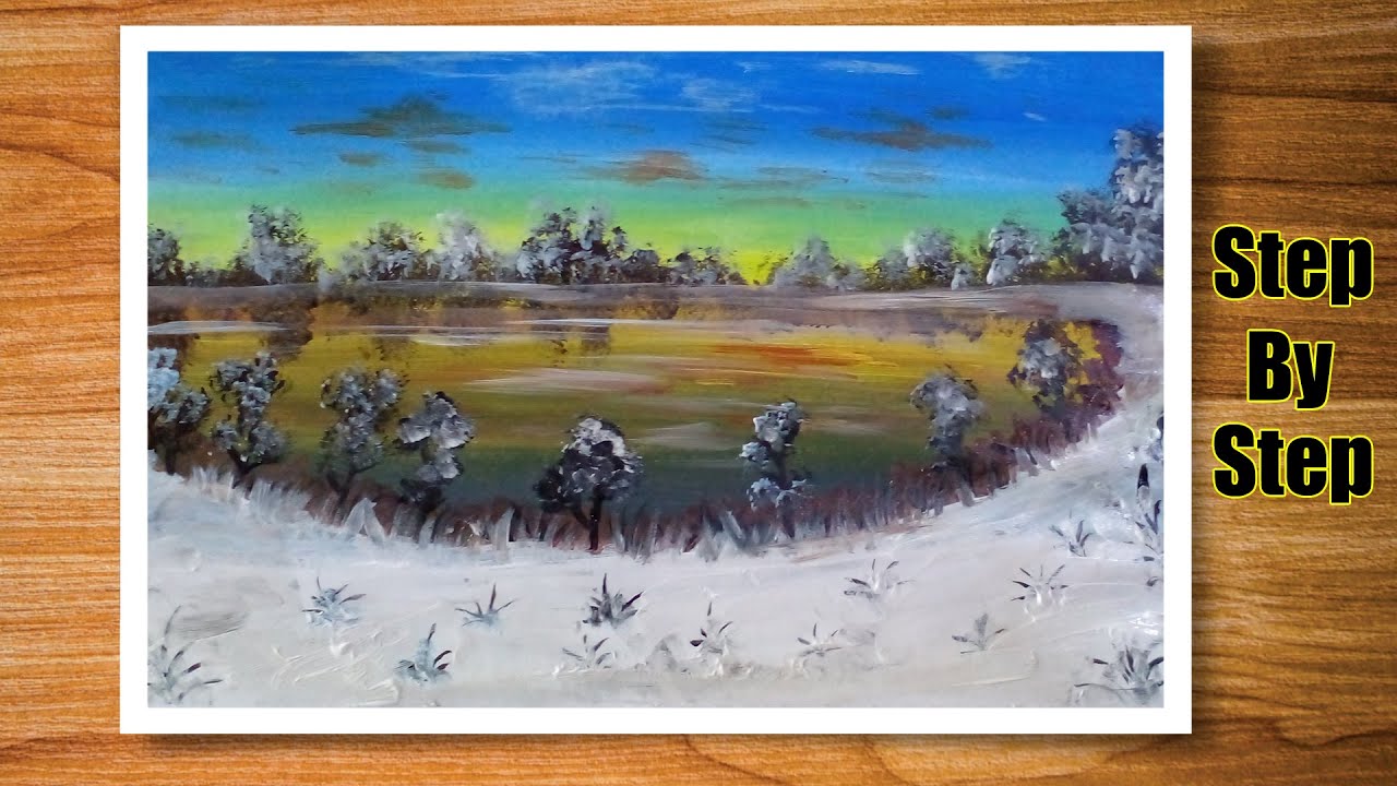 How To Draw Winter Landscape Painting |Winter Sunset Painting With ...