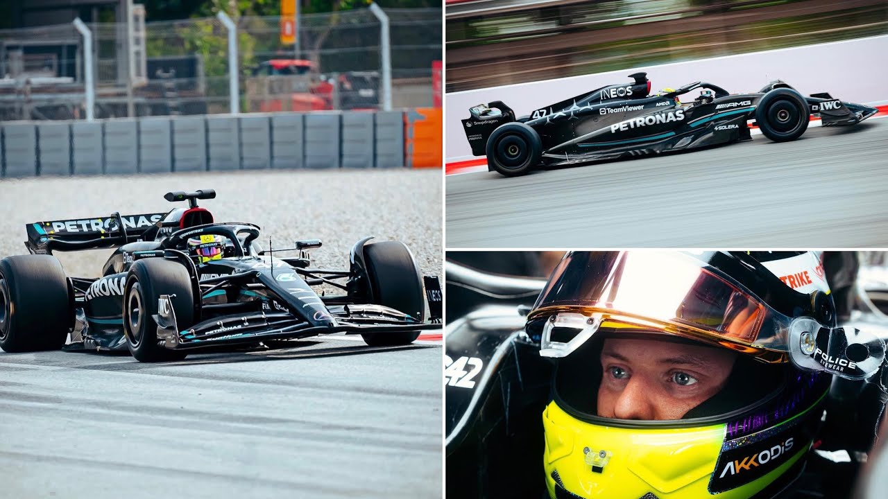 Mick Schumacher driving 2023 Mercedes W14 first time in Barcelona ...