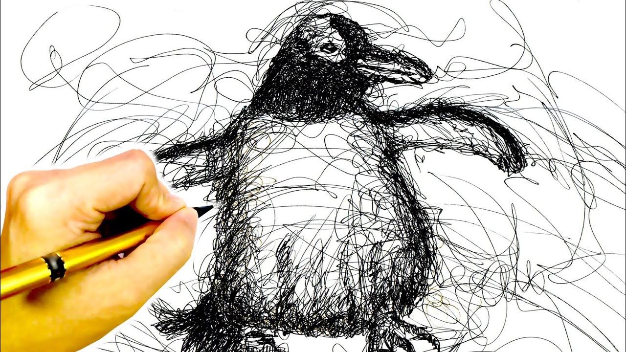 How to Draw Scribble Art | Penguin | Scribble Art Therapy | step by ...